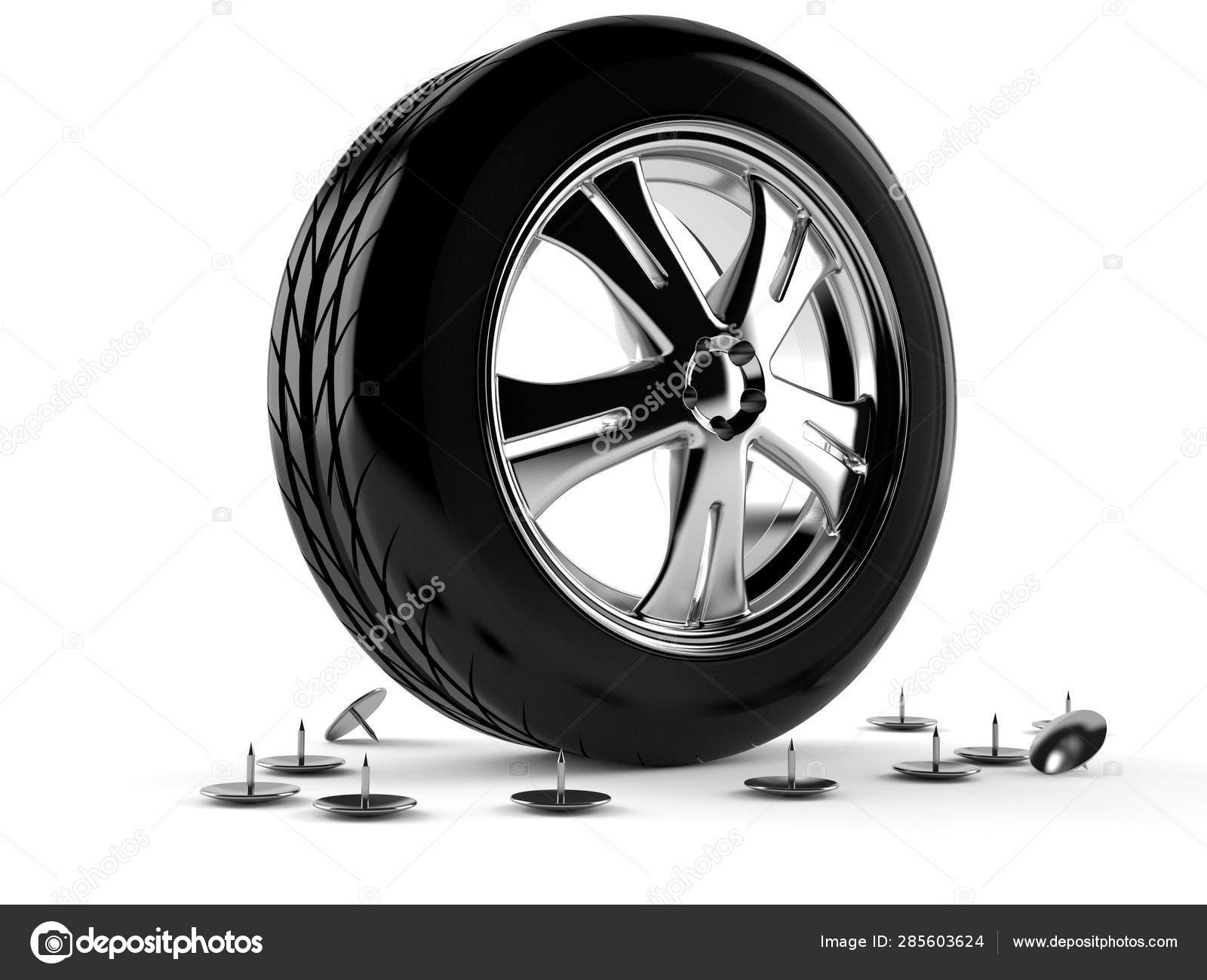 Car wheel with drawing pins — Stock Photo © Talaj #285603624