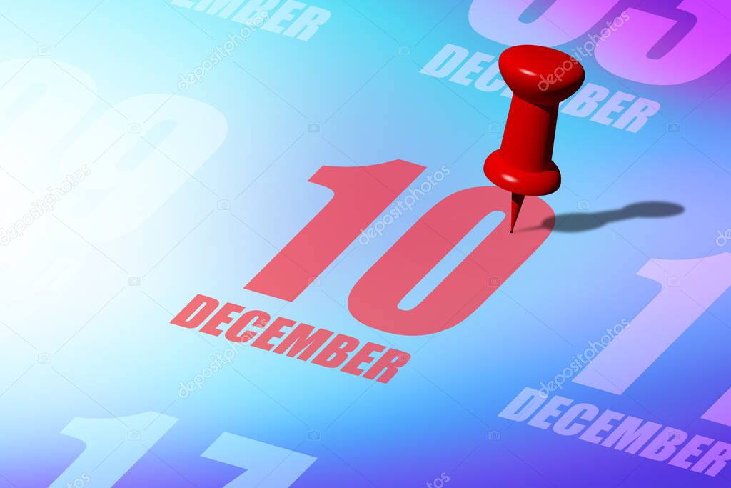 10 de diciembre. Día 10 del mes, Fecha roja escrita y fijada en un calendario para recordarle un ...