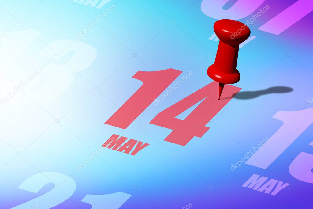 14 de mayo. Día 14 del mes, Fecha roja escrita y fijada en un ...