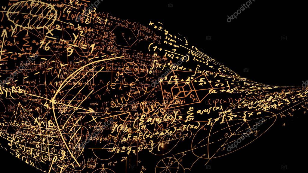 Representación 3D de fórmulas matemáticas abstractas en el espacio virtual. Las fórmulas ...