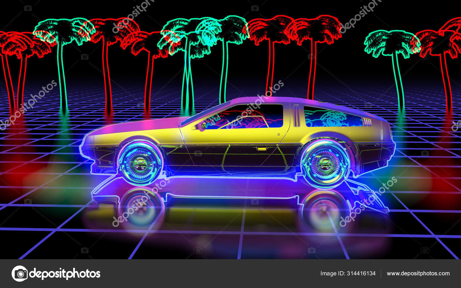 Bright retro futuristic world of computer space in the style of science ...