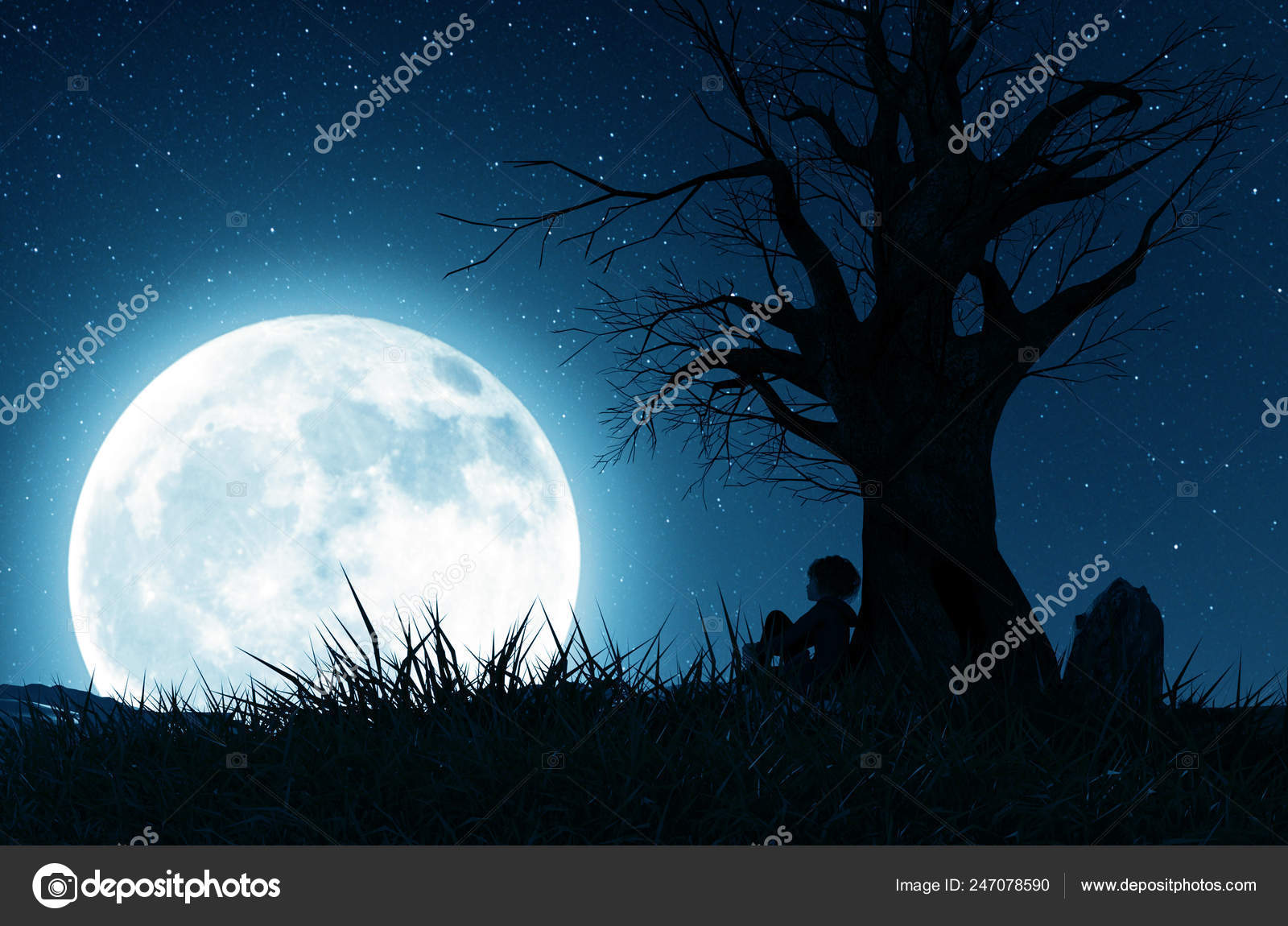 Girl Sitting Alone In Moonlight