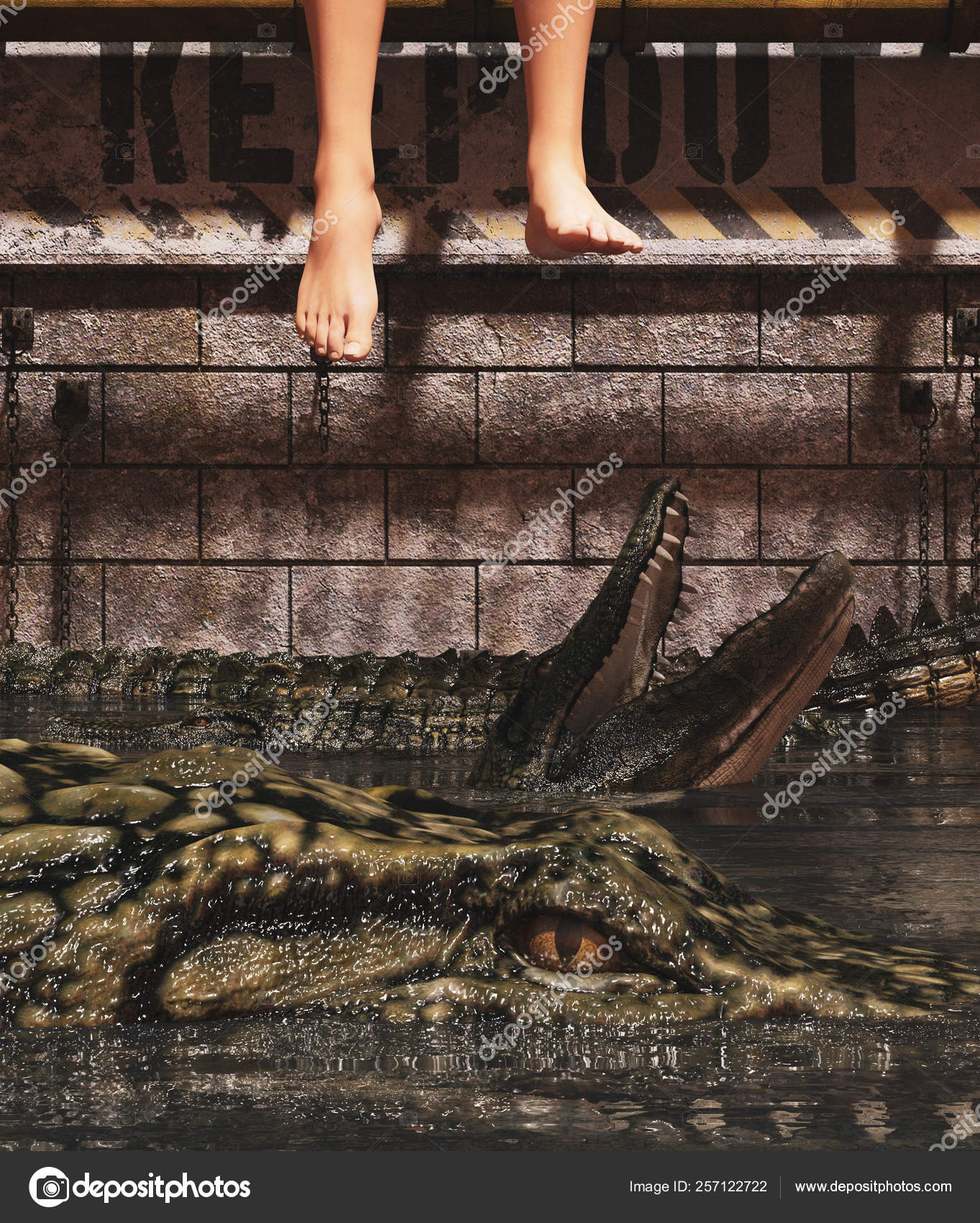 Pray to be prey,Legs of person sitting on Alligator's tank — Stock ...