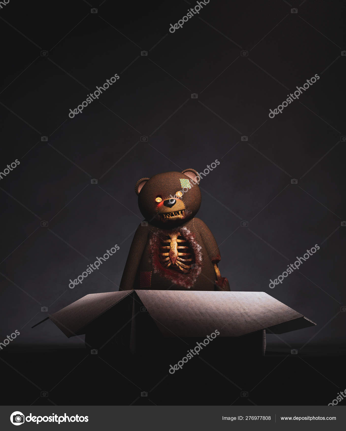 Scary toy bear in open cardboard box in the dark,3d rendering — Stock ...