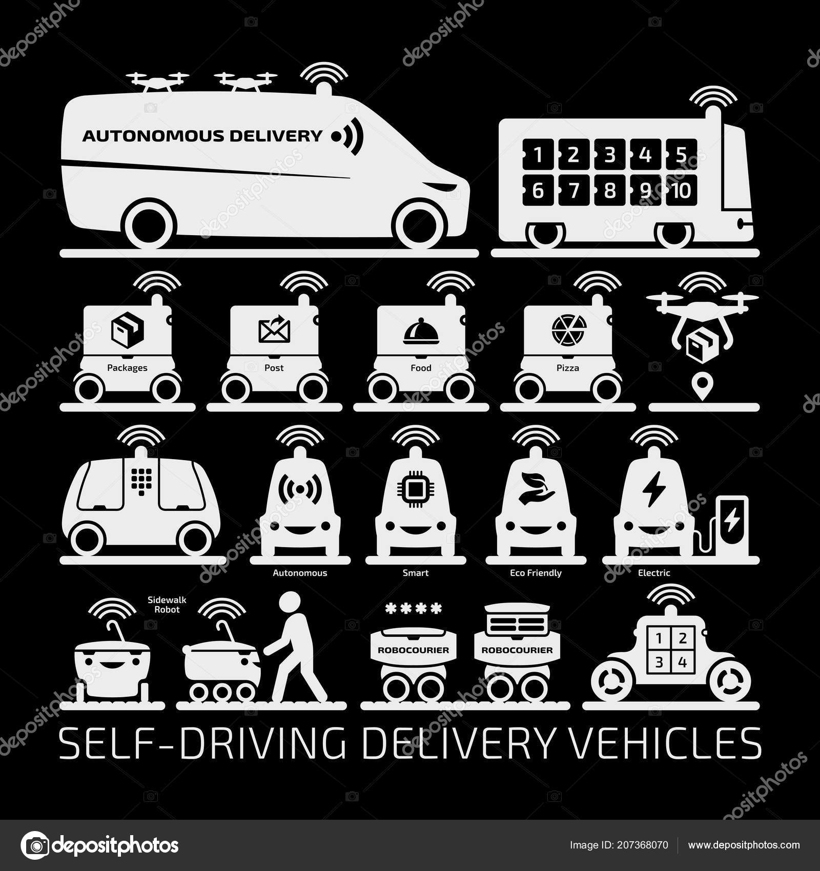 Autonomous Delivery Robot Car Drone Vector Shape Icon Set Black — Stock ...