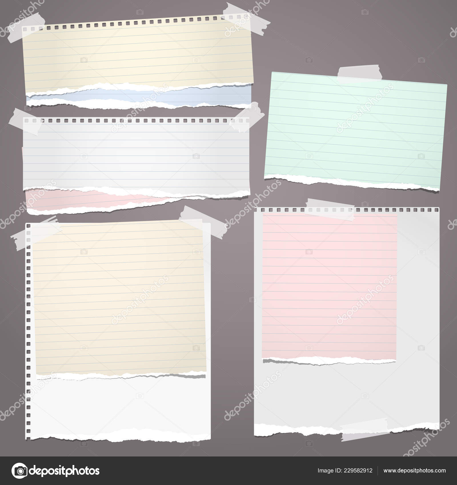 White and colorful ripped notebook paper, torn lined note paper strips ...