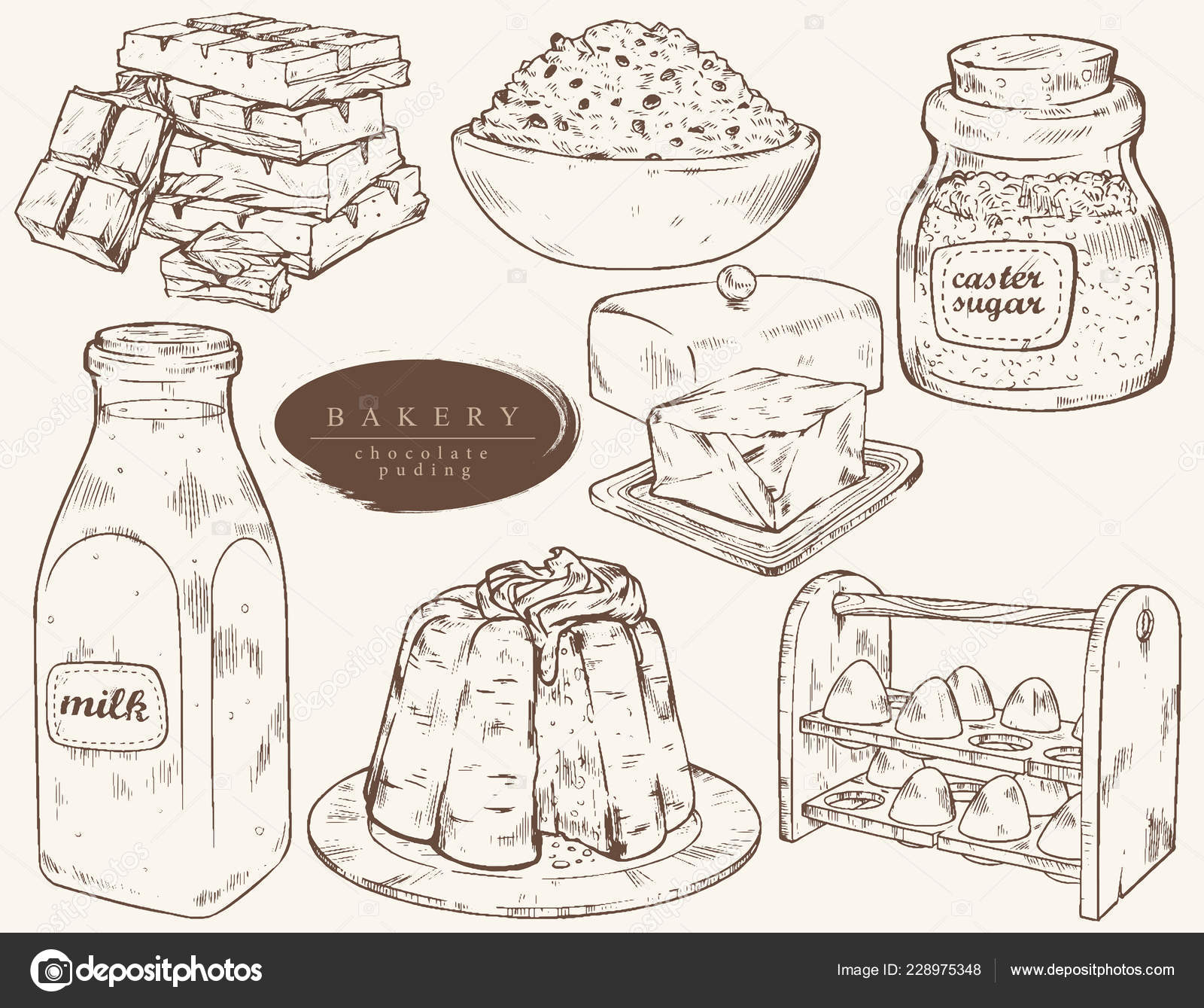 Sweet Bakery Ingredients Chocolate Pudding Hand Drawn Vintage Style ...