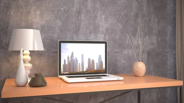 Computer on office table. 3d illustration - Stock Image - Everypixel