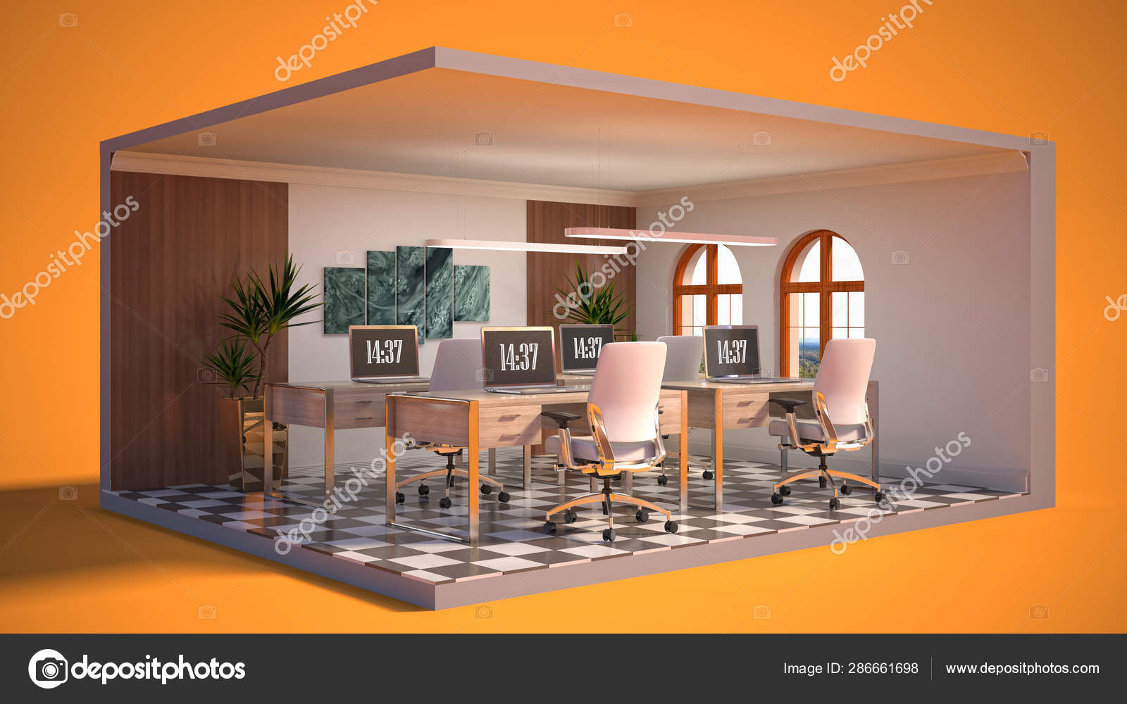 Office interior in a box. 3D illustration — Stock Photo ...