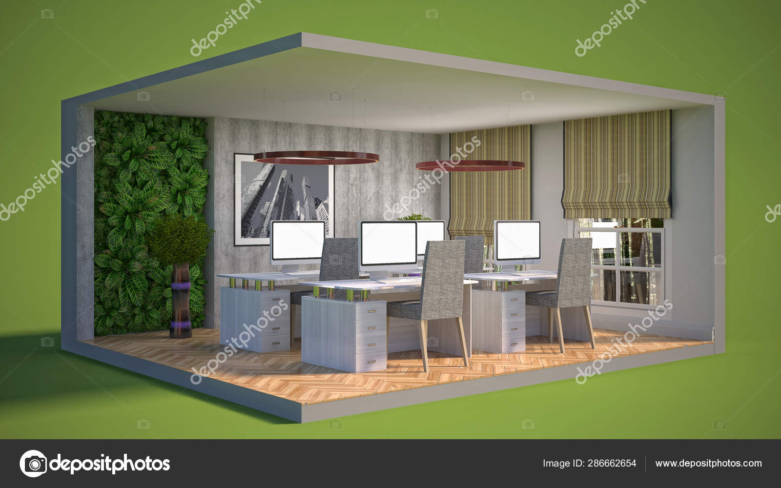 Office interior in a box. 3D illustration — Stock Photo ...