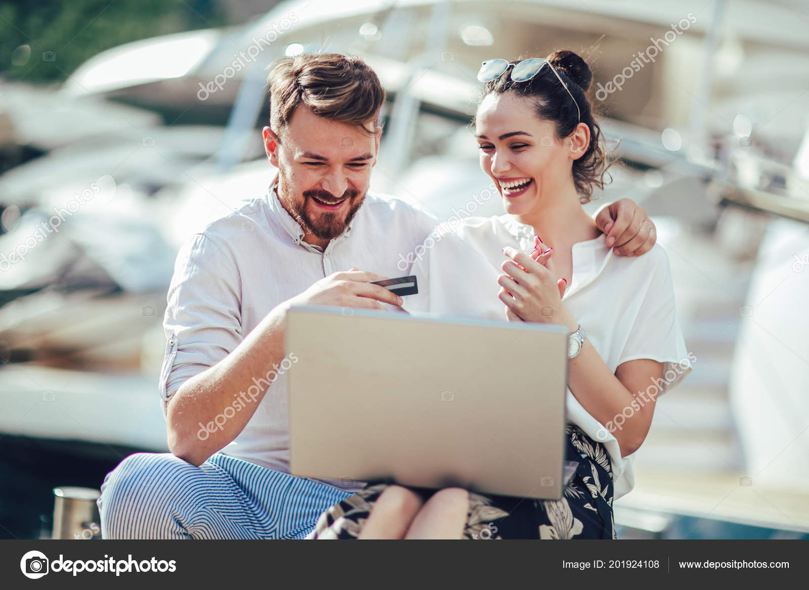 Beautiful Romantic Couple Using Laptop Watching Pictures Laptop While ...