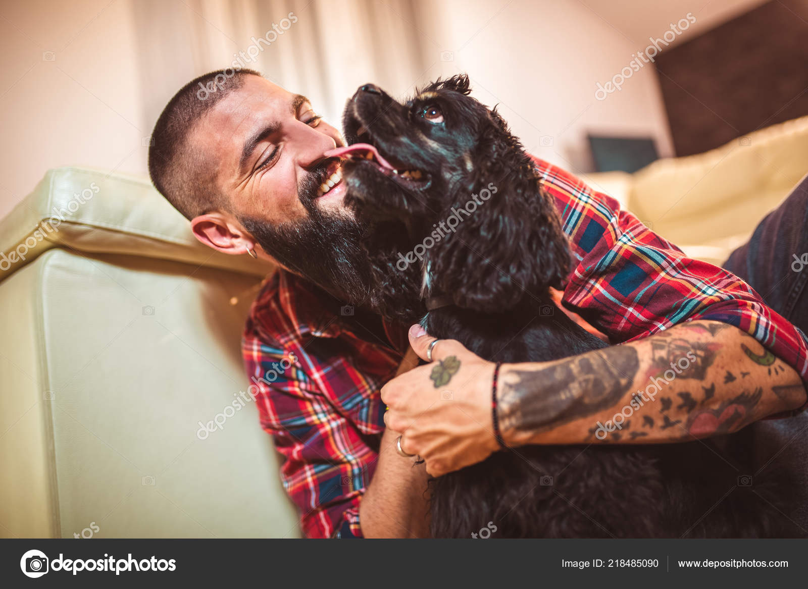 Handsome Man Cute Dog Home — Stock Photo © adriaticphoto #218485090