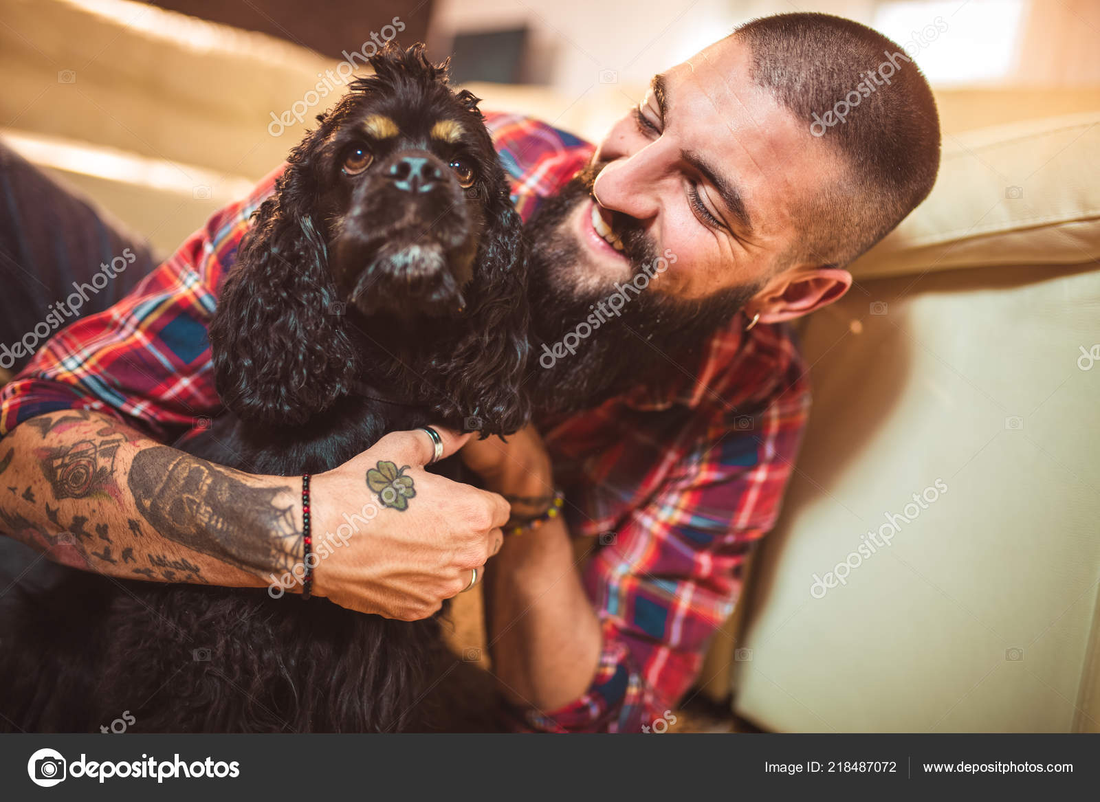 Handsome Man Cute Dog Home — Stock Photo © adriaticphoto #218487072