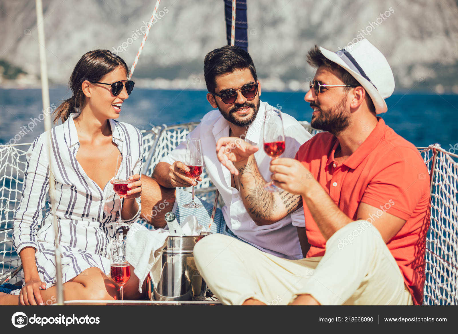 Smiling Friends Sitting Sailboat Deck Having Fun Vacation Travel Sea ...