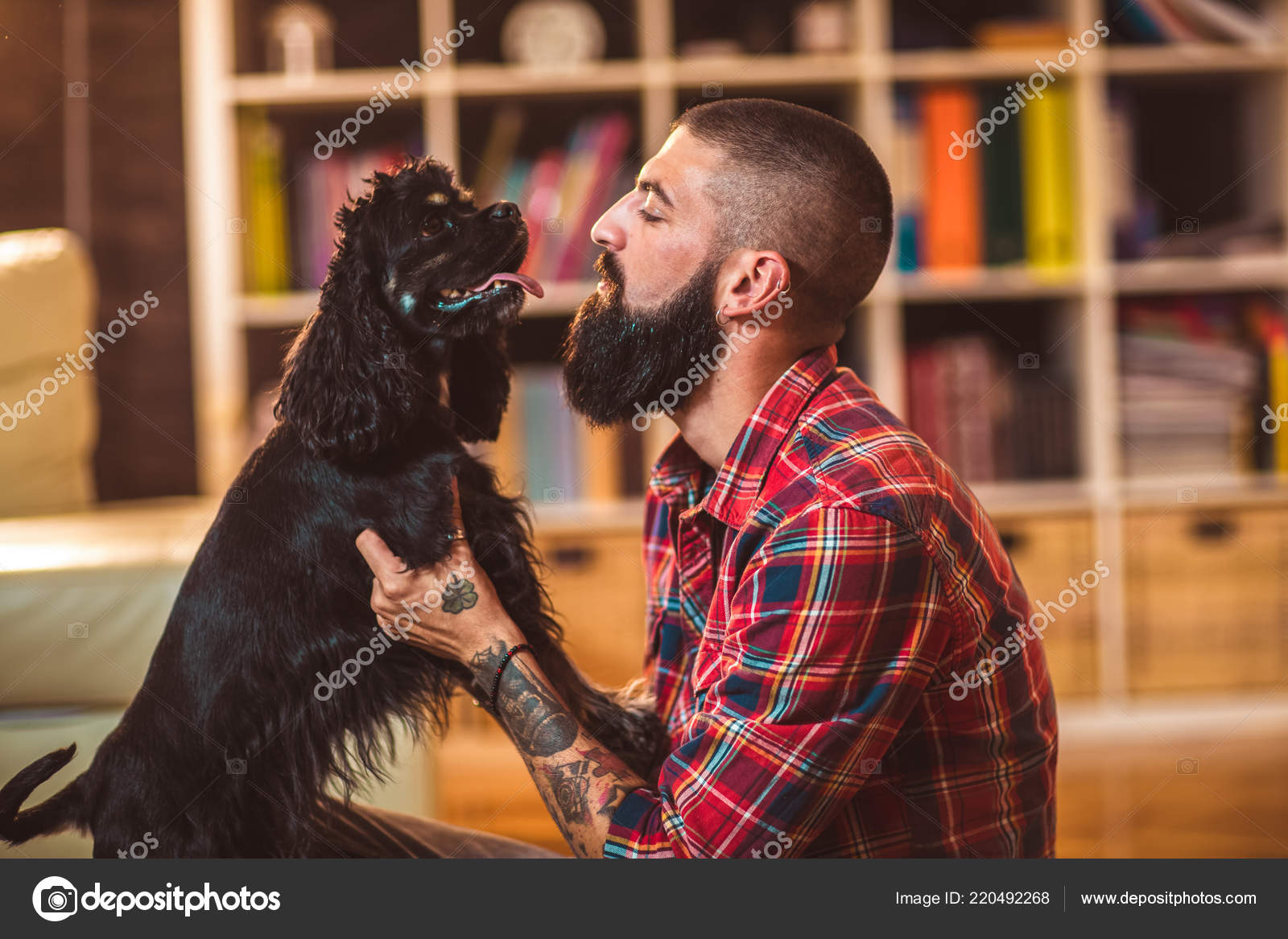 Handsome Man Cute Dog Home — Stock Photo © adriaticphoto #220492268