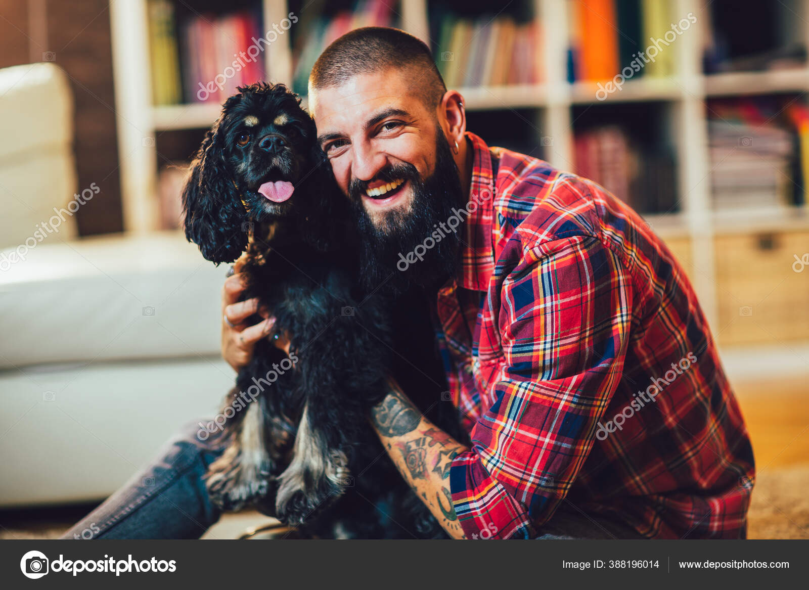 Handsome Man Cute Dog Home — Stock Photo © adriaticphoto #388196014