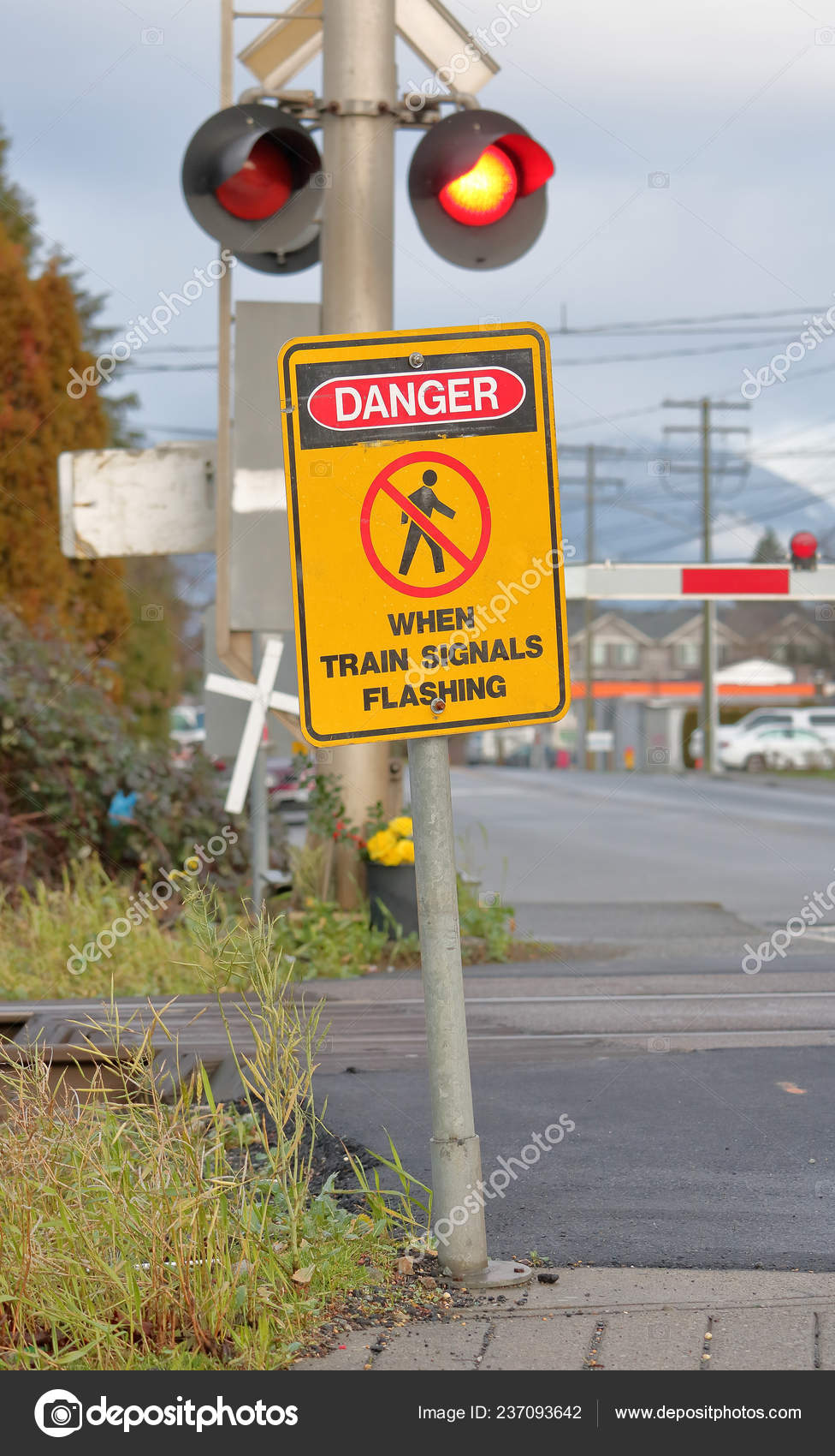 Medium Vertical View Warning Sign English Stands Front Flashing Train ...