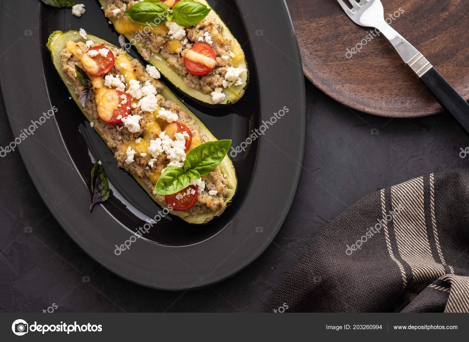 Zucchini Stuffed Minced Meat Cheese Black Background Baked Oven Copy ...