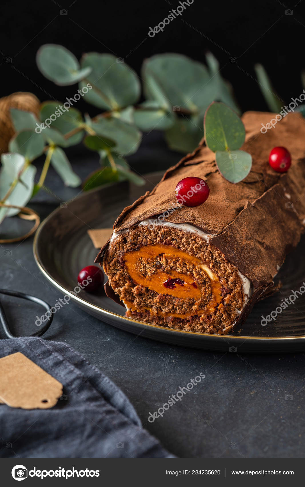 Buche de Noel. Traditional Christmas dessert, Christmas yule log cake ...