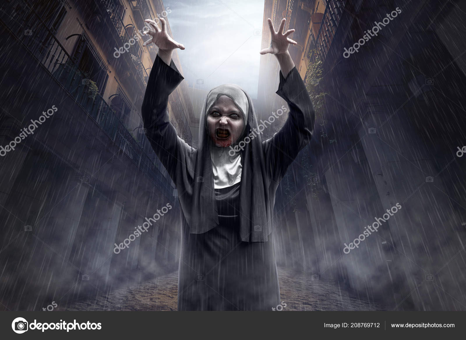 Spooky Asian Devil Nun Blood Her Mouth Abandoned Place Stock Photo by ...