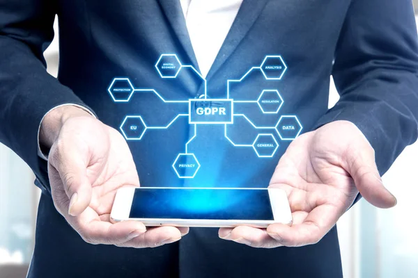 Businessman showing virtual GDPR protection structure from phone screen ...