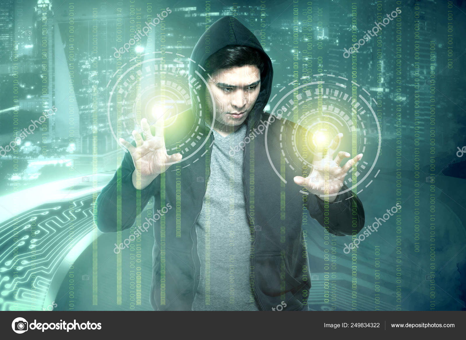 Young asian hacker in black hoodie touching virtual screen with Stock ...