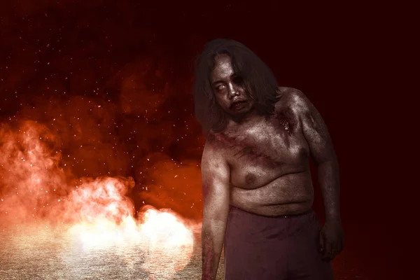 Scary Zombie Blood Wound His Body Standing Dramatic Background — Stock ...