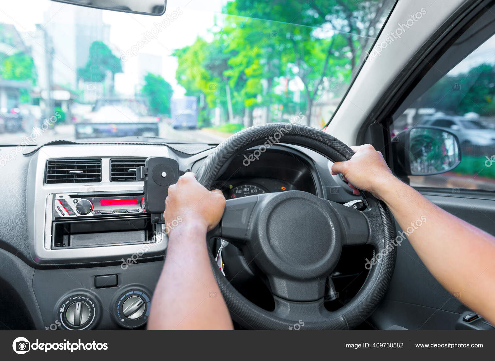 Man Driving Car Dashboard Display City Street Stock Photo by ...