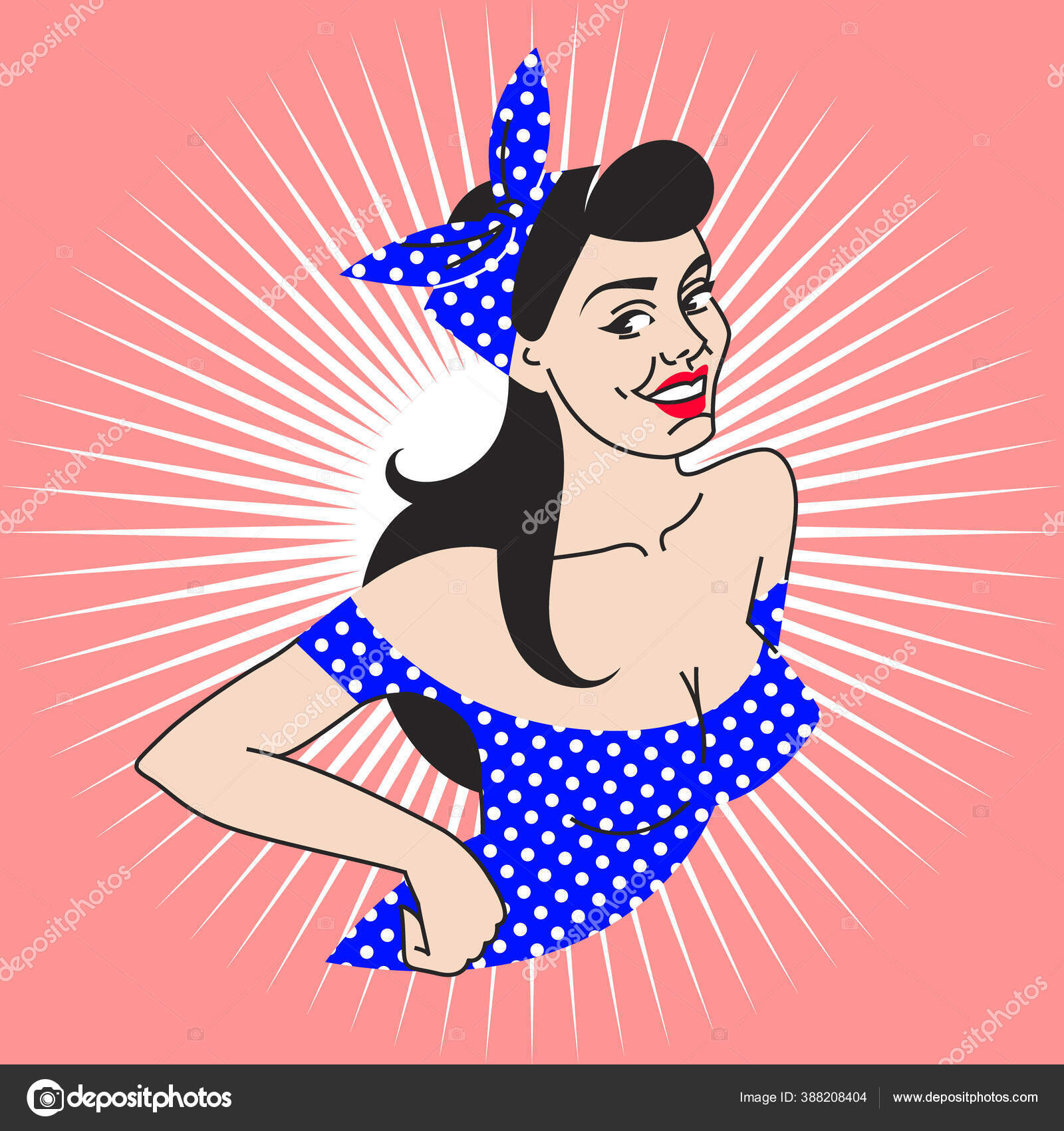 Pin-up girl in a blue dress and a white polka dots scarf on pink ...