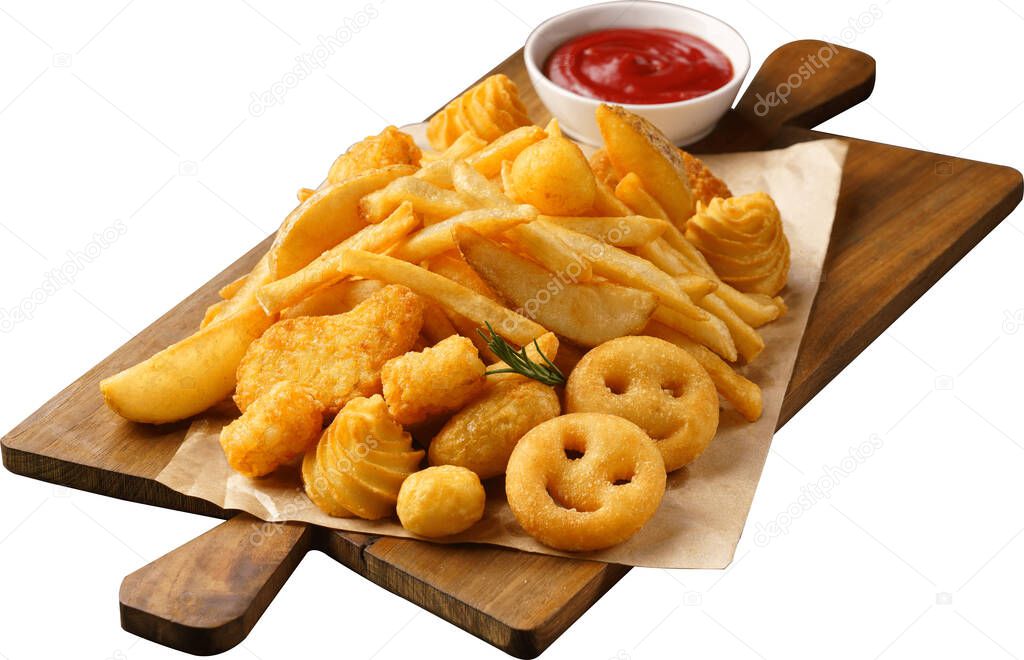 Set con diferentes snacks y salsas aisladas sobre fondo blanco con ruta ...