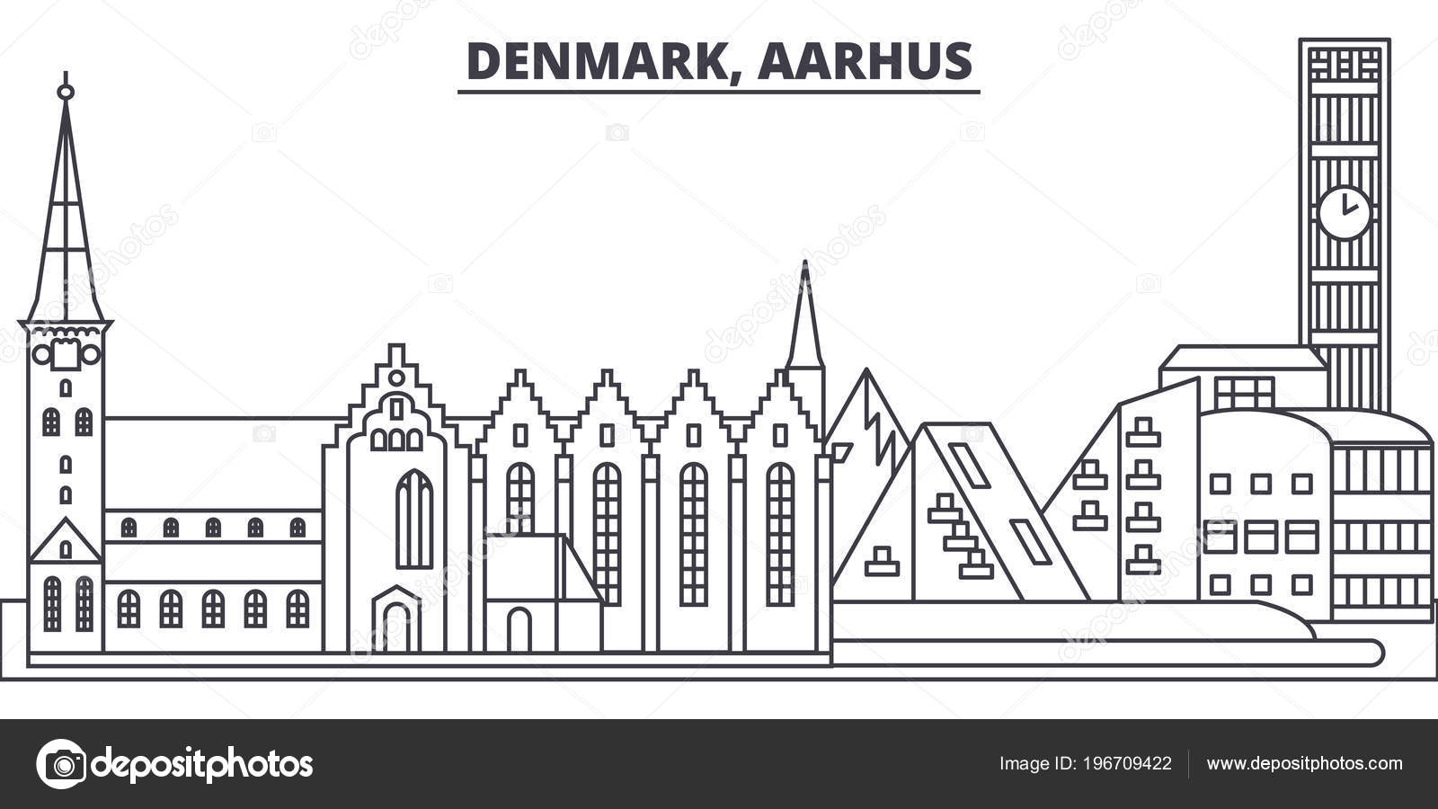 Denmark, Aarhus line skyline vector illustration. Denmark, Aarhus linear cityscape with famous ...