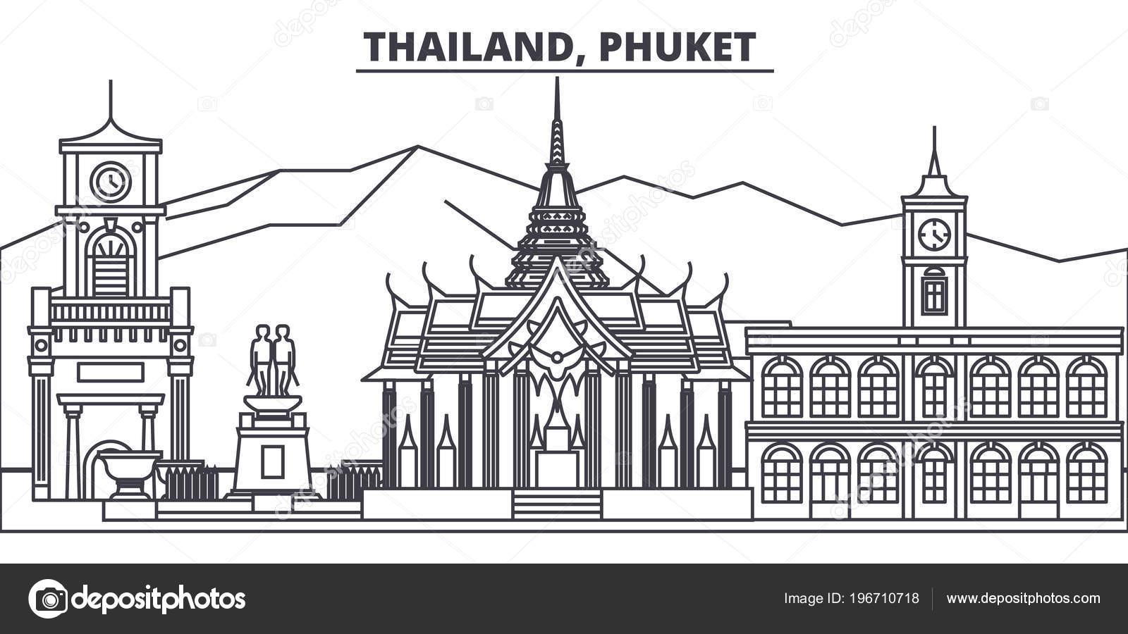 Thailand, Phuket line skyline vector illustration. Thailand, Phuket ...