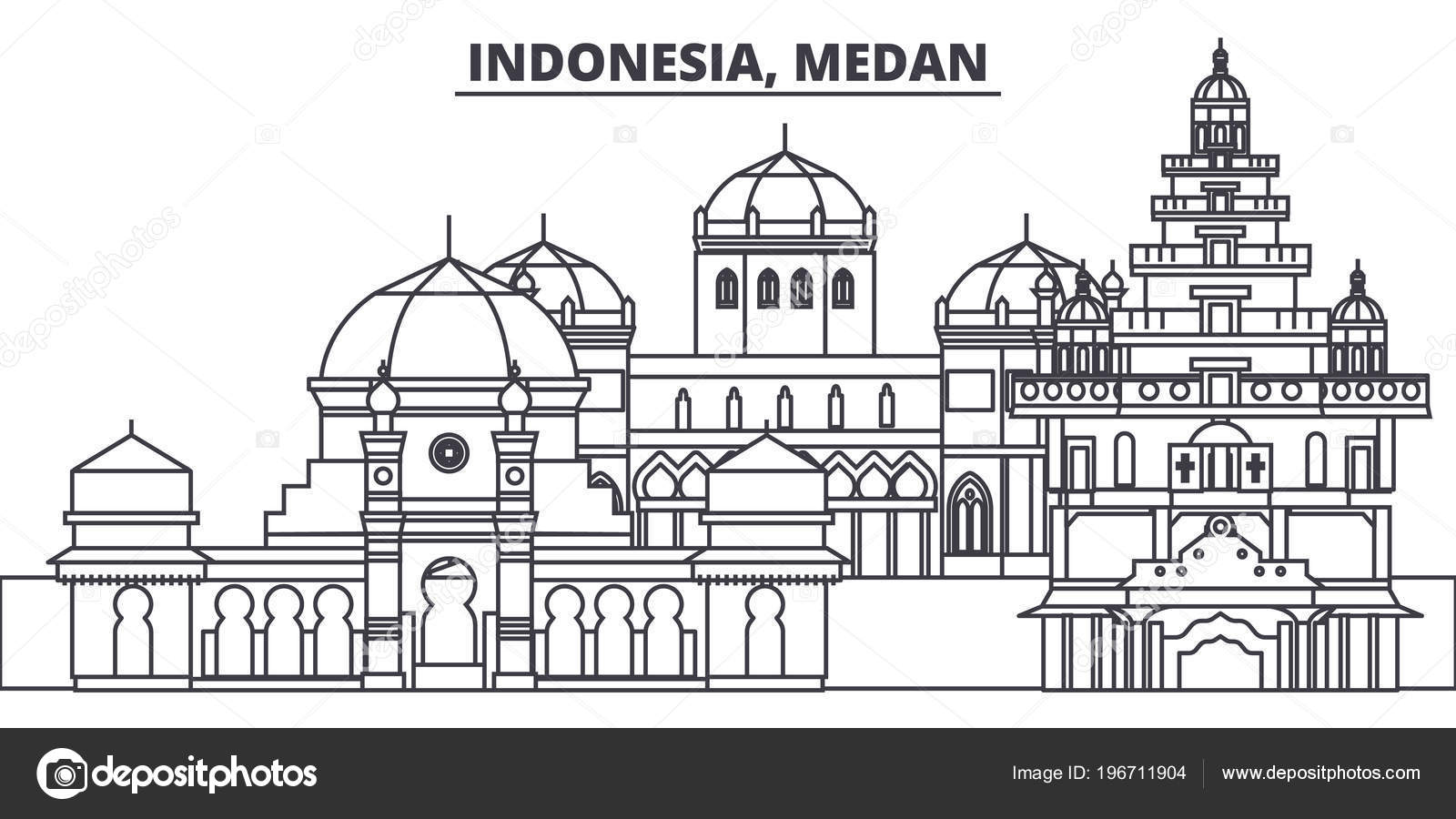 Indonesia, Medan line skyline vector illustration. Indonesia, Medan ...