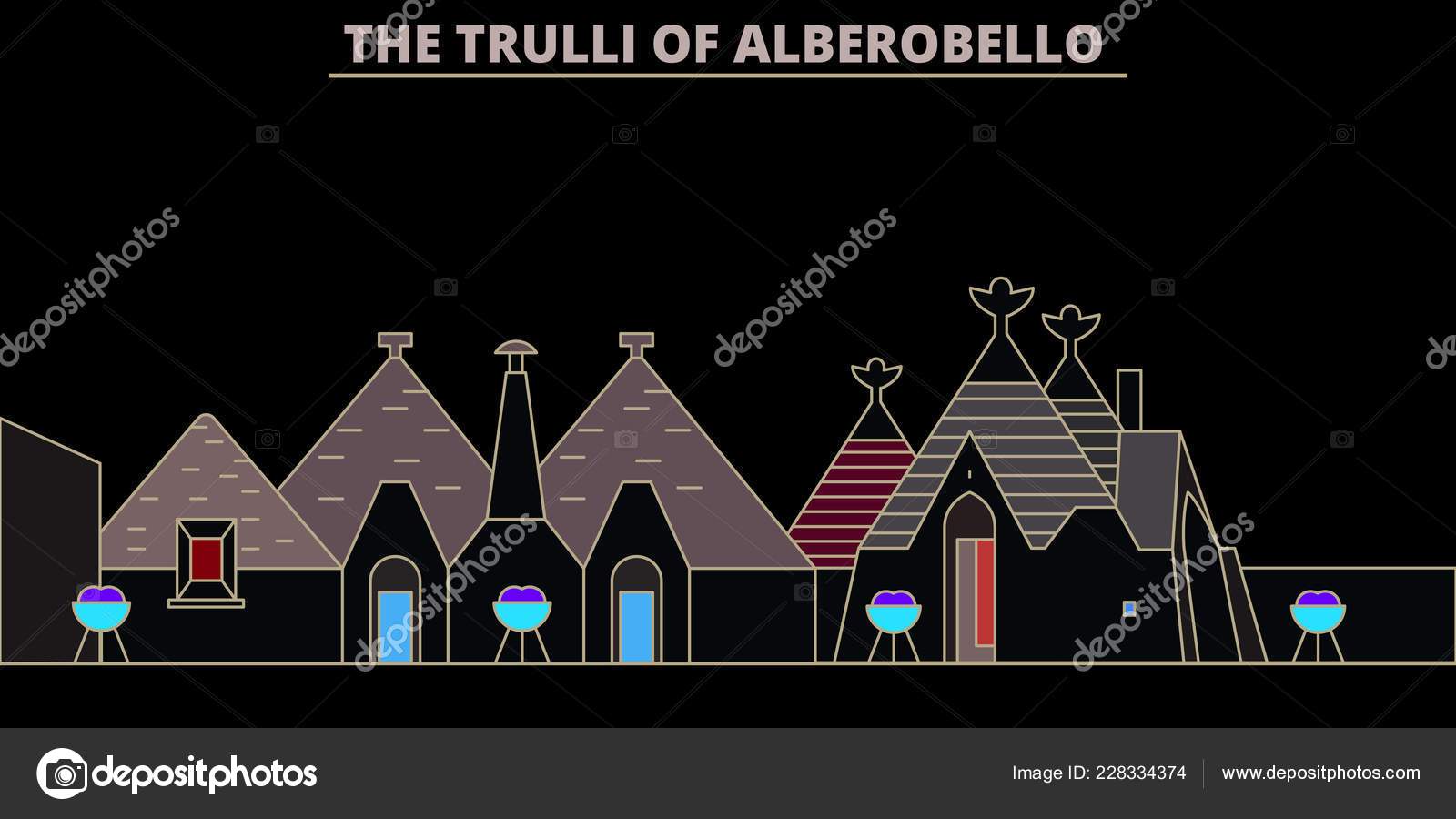 The Trulli Of Alberobello line travel landmark, skyline, vector design ...