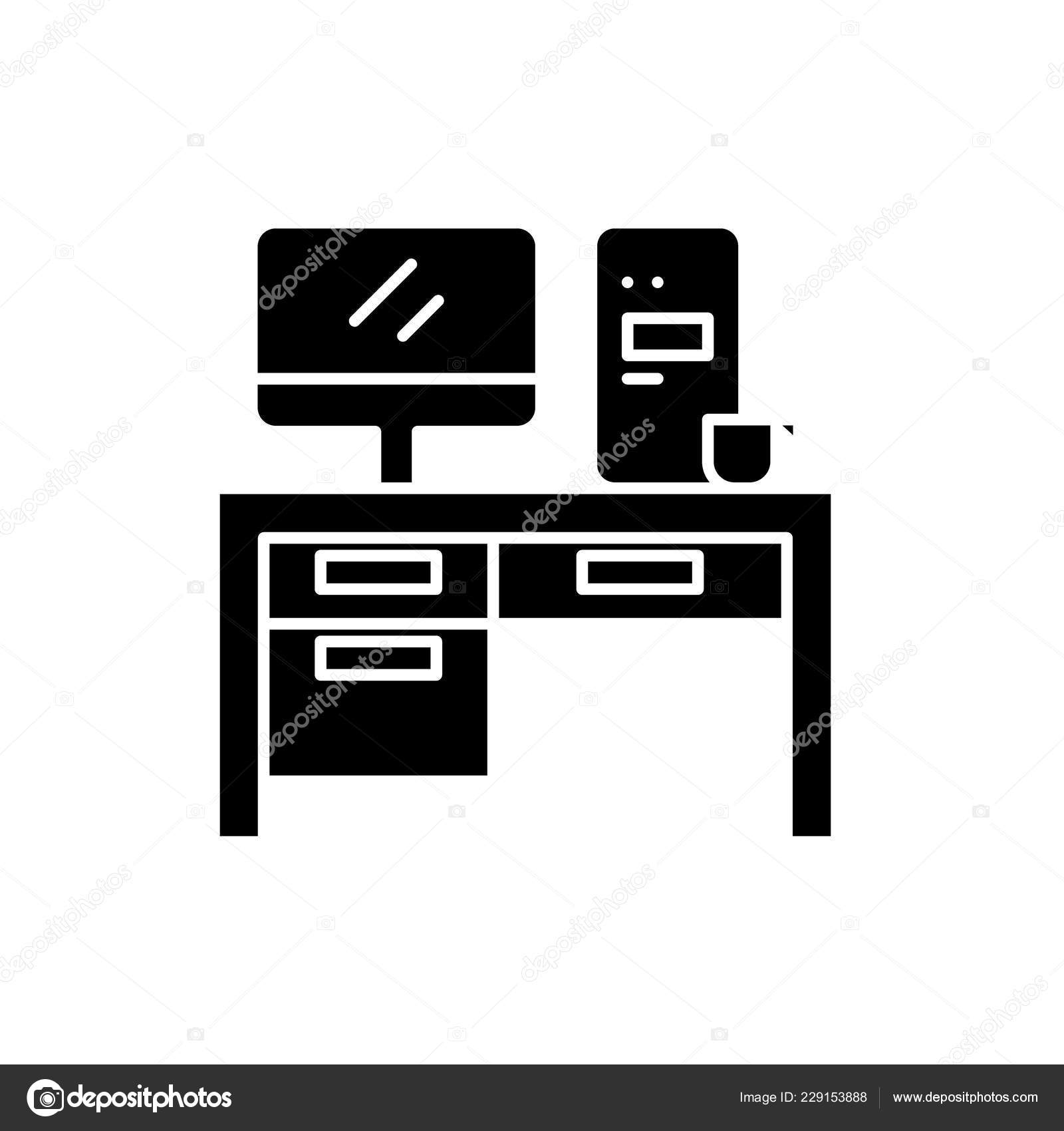 Home computer desk black icon, vector sign on isolated background. Home ...