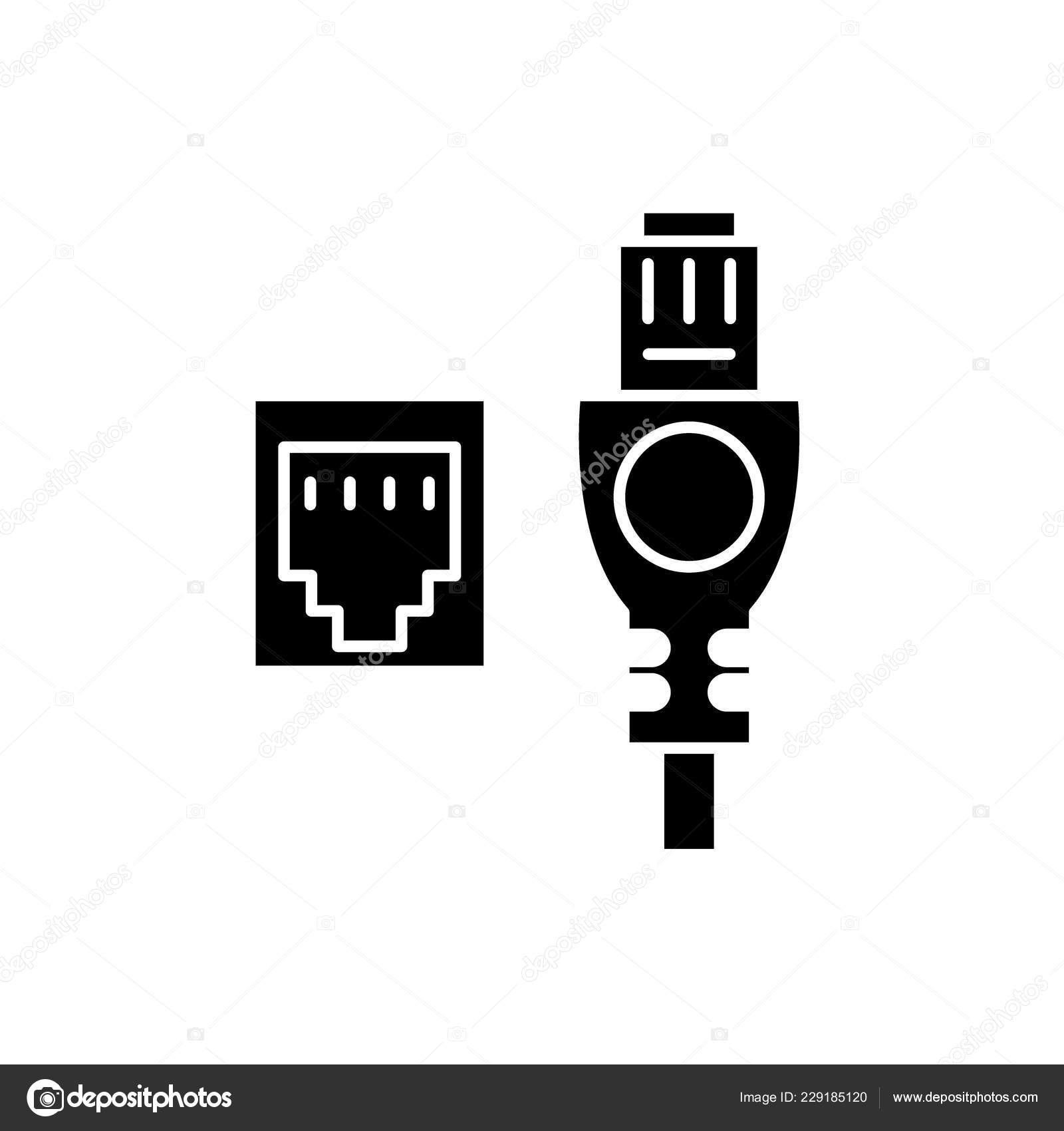 Network cable and socket black icon, vector sign on isolated background ...