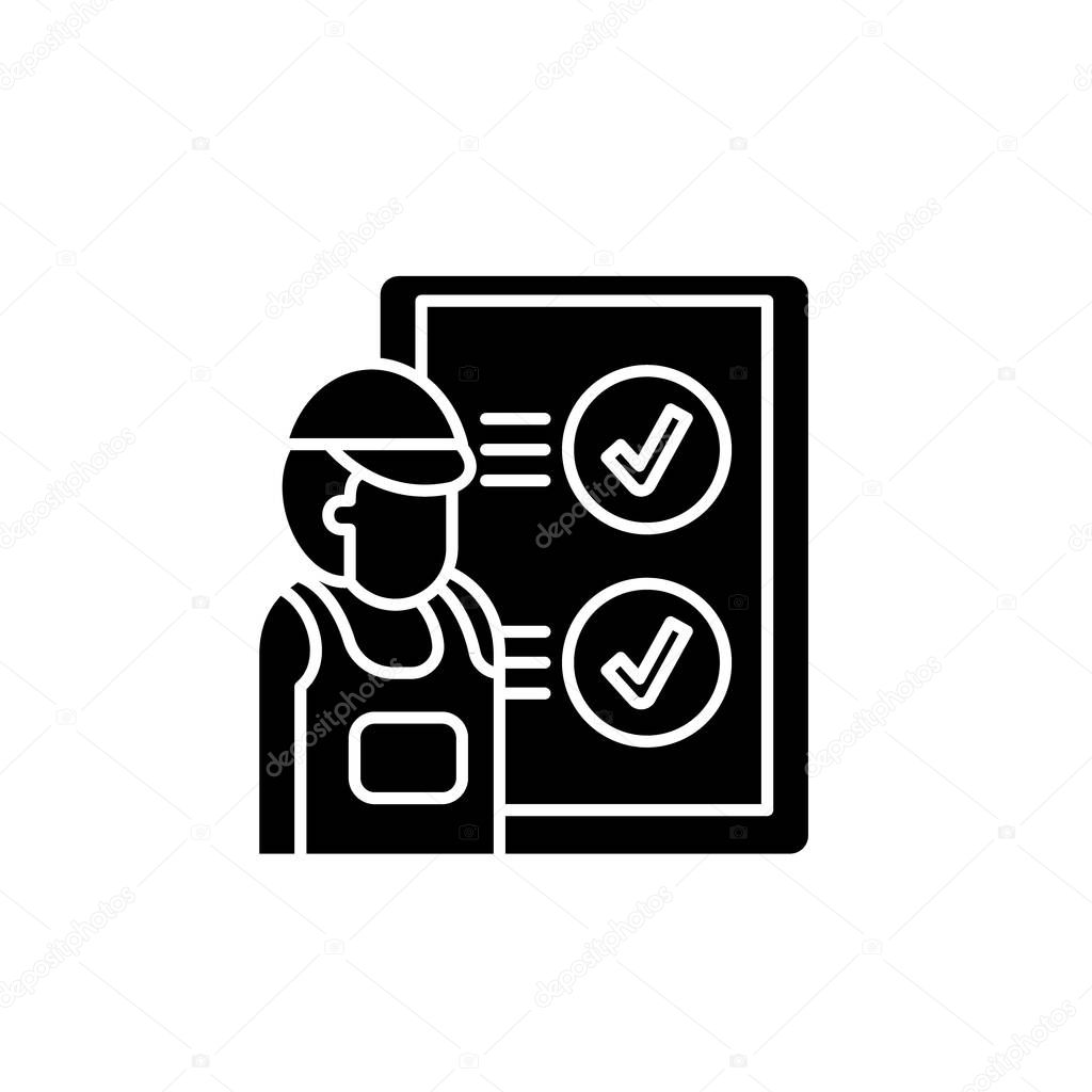 Inspección técnica icono negro, signo vectorial sobre fondo aislado ...