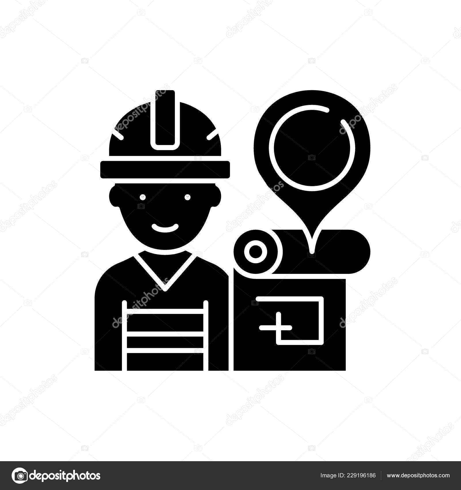 Engenheiro e casa plano ícone preto, sinal de vetor em fundo isolado ...