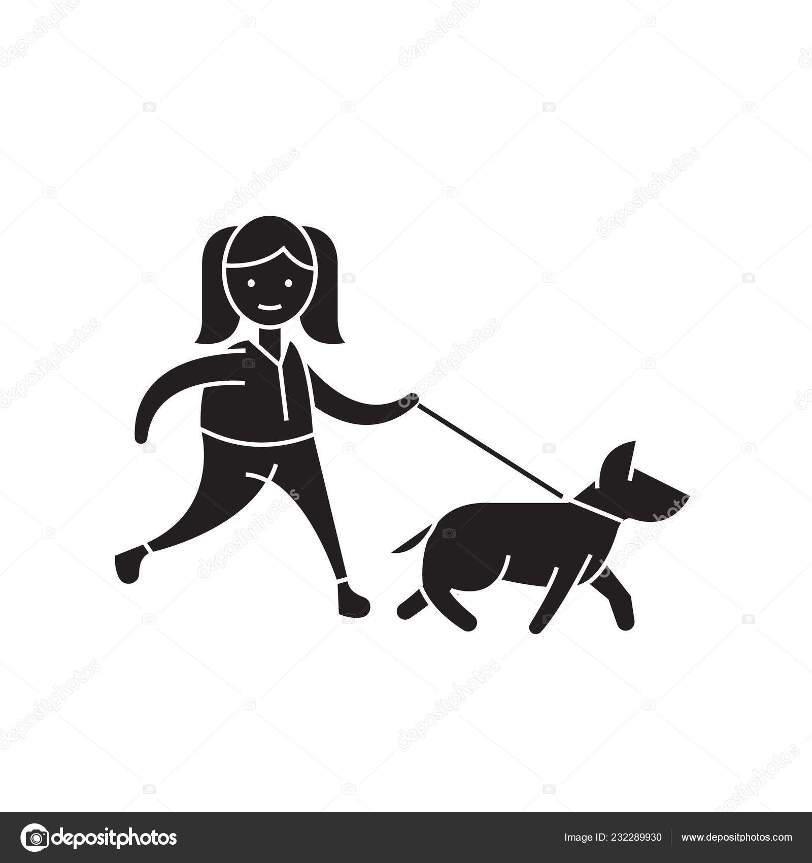 Walk the dog black vector concept icon. Walk the dog flat illustration ...