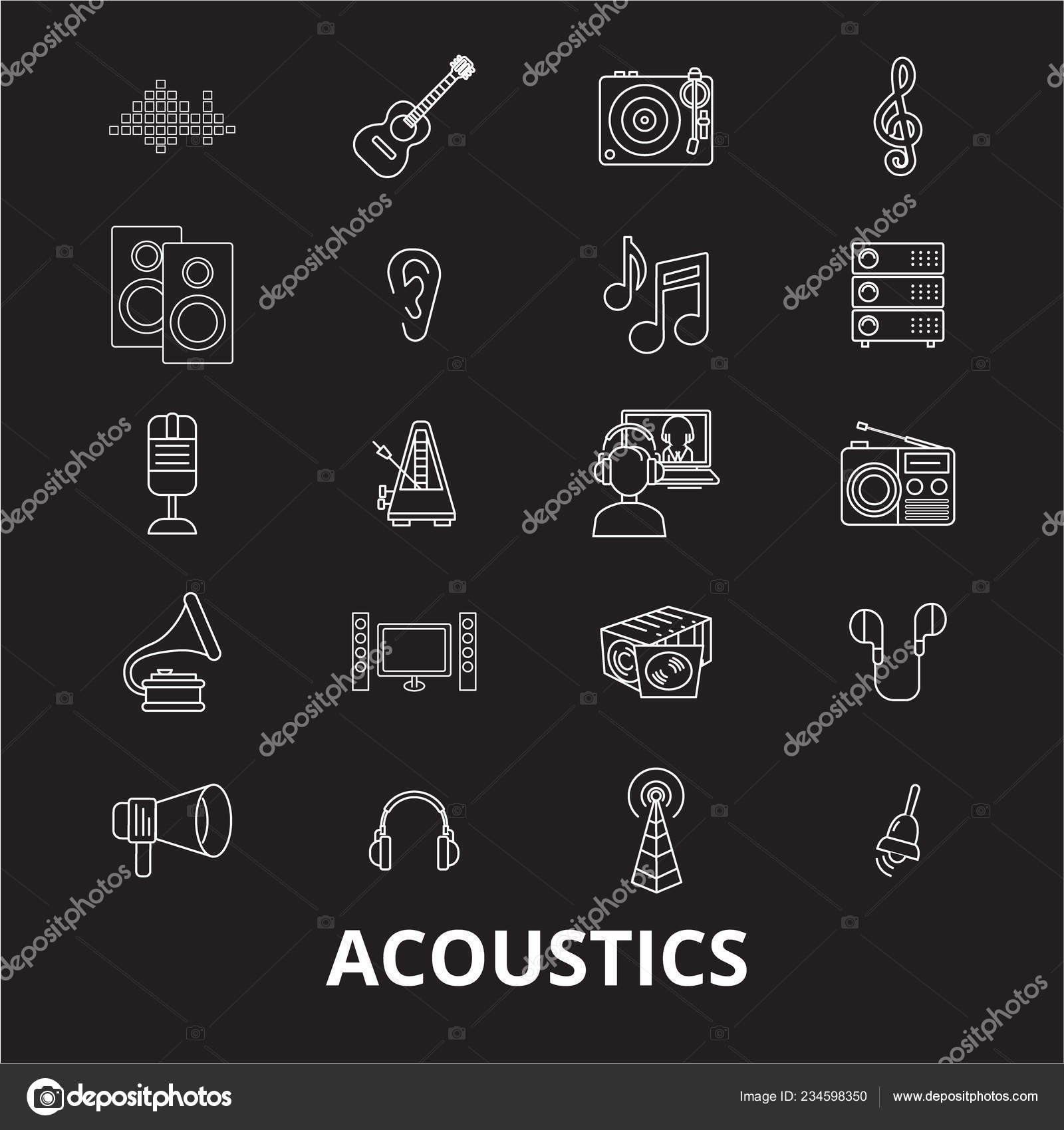 Acoustics editable line icons vector set on black background. Acoustics ...