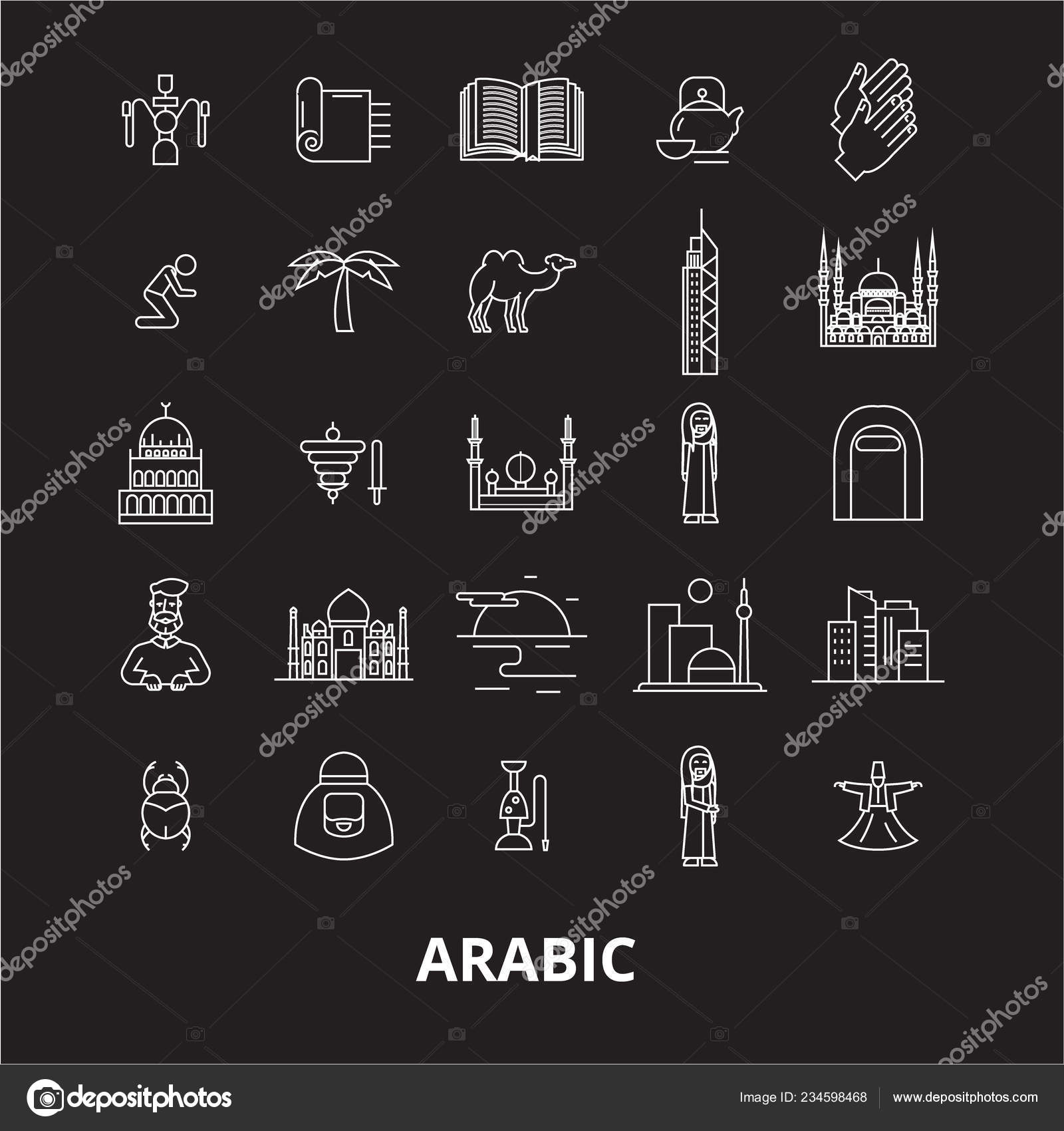 Iconos de línea editable árabe vector conjunto sobre fondo negro ...