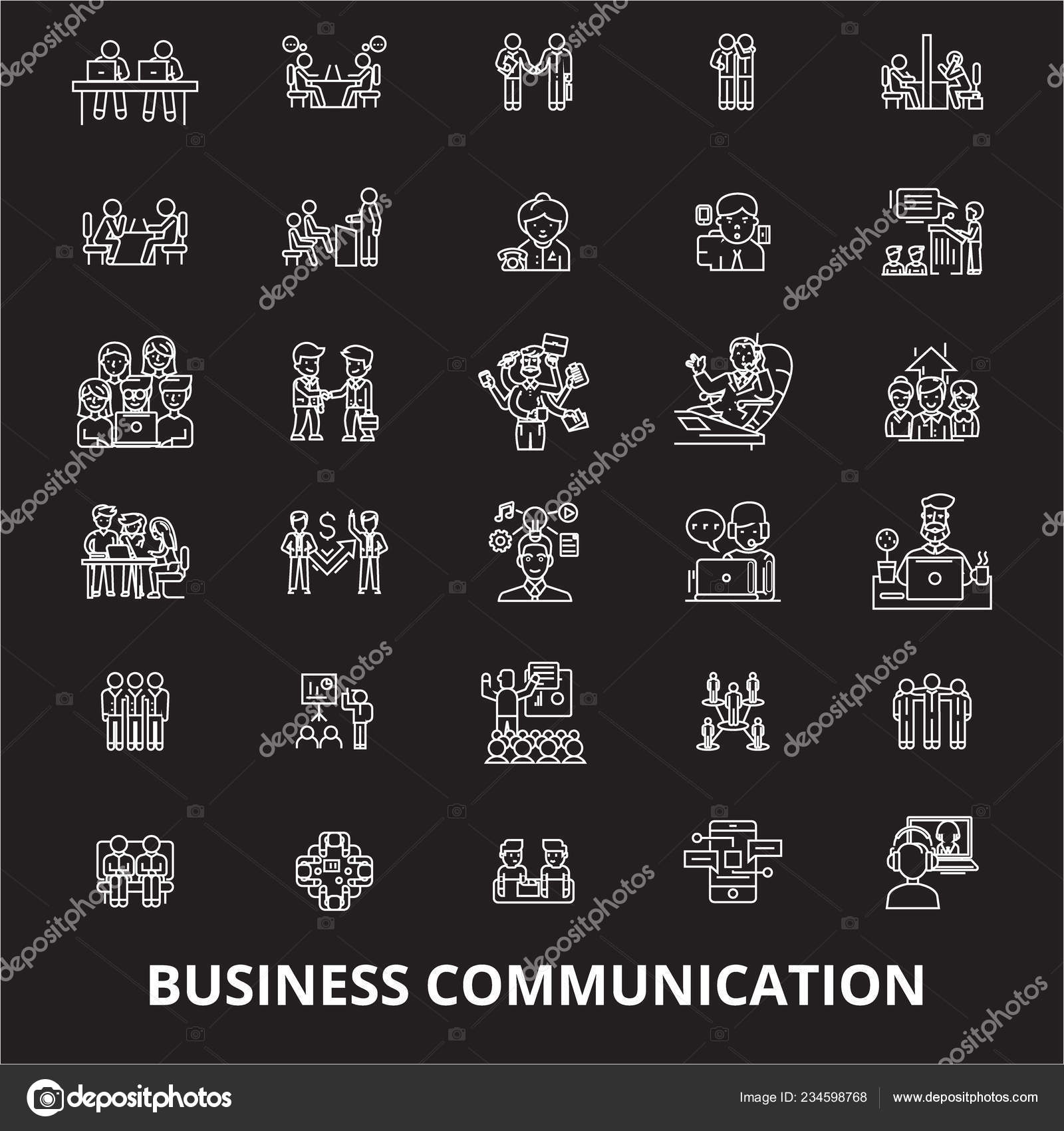 Business communication editable line icons vector set on black ...
