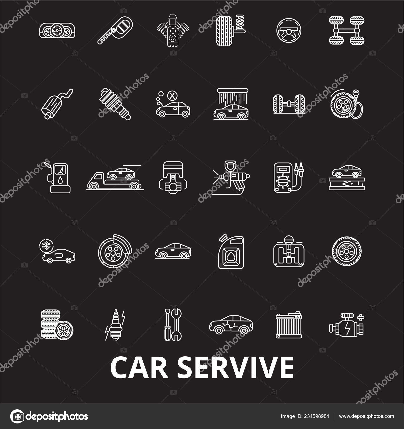 Car service editable line icons vector set on black background. Car ...