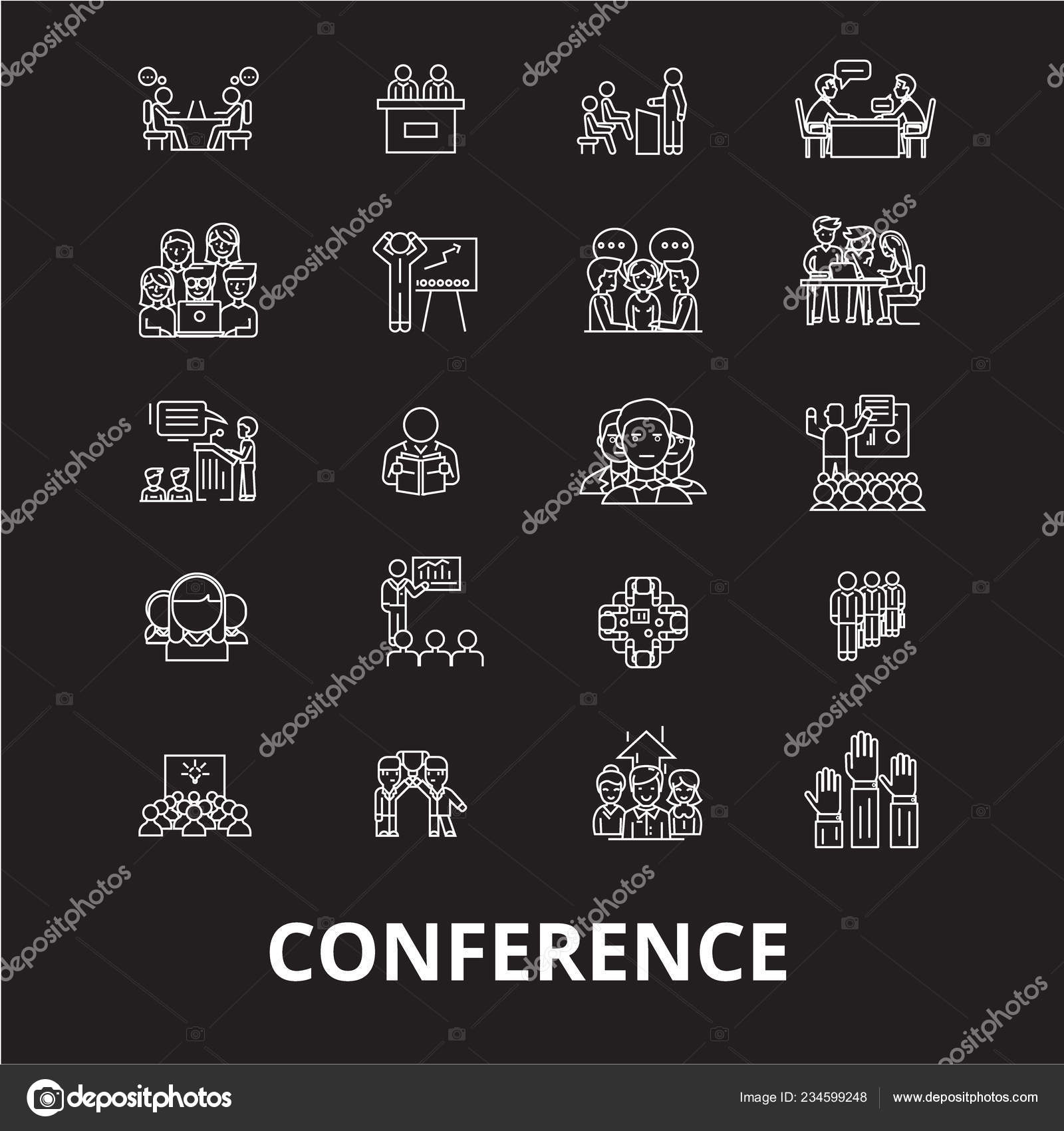 Conference editable line icons vector set on black background ...