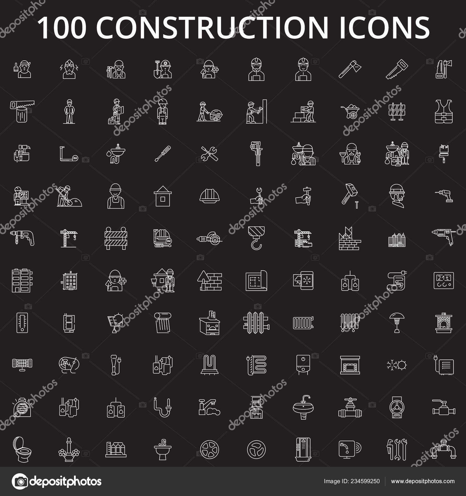 Construction editable line icons vector set on black background ...