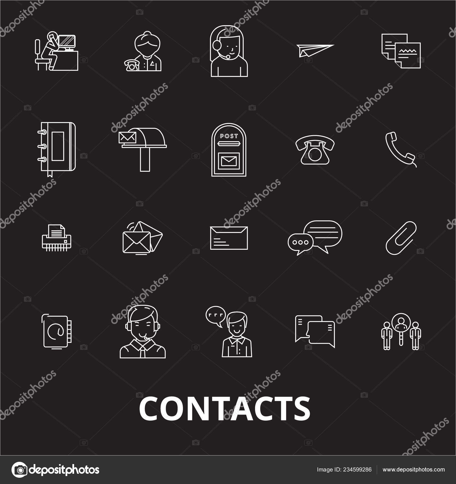Contactos de línea editable iconos vector conjunto sobre fondo negro ...