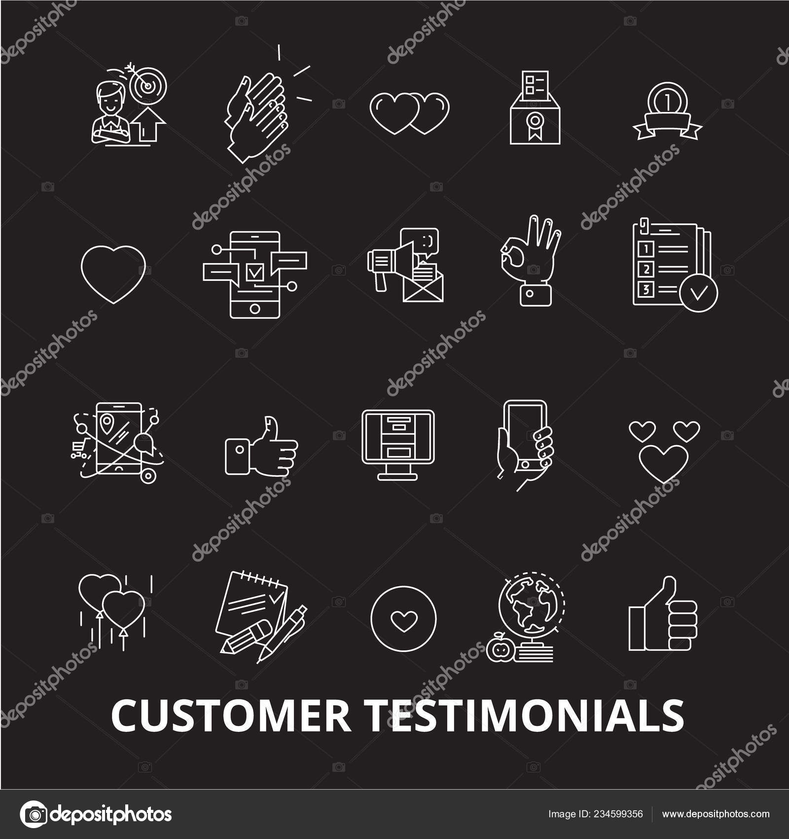 Customer testimonials editable line icons vector set on black ...