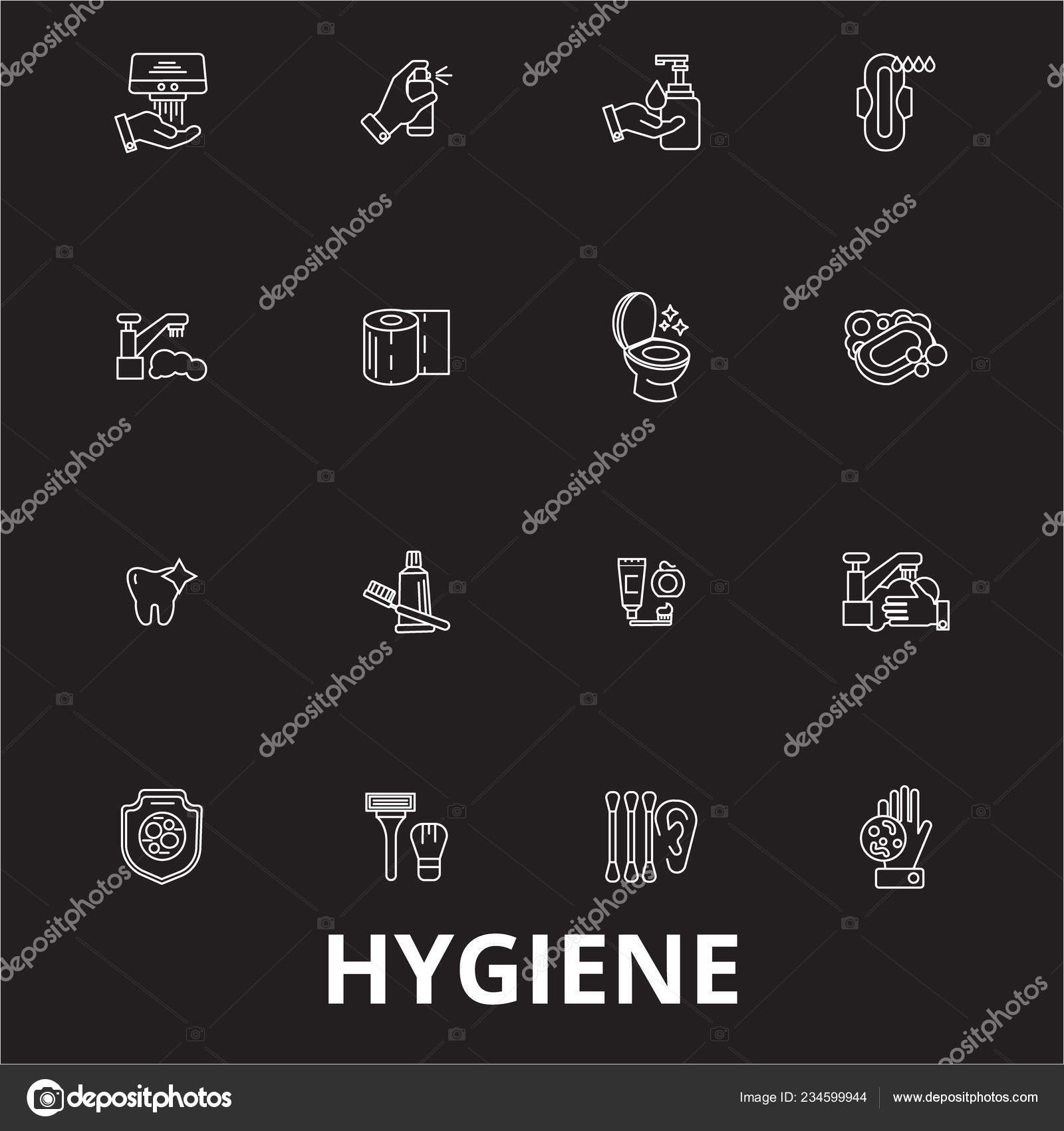 Hygiene editable line icons vector set on black background. Hygiene ...