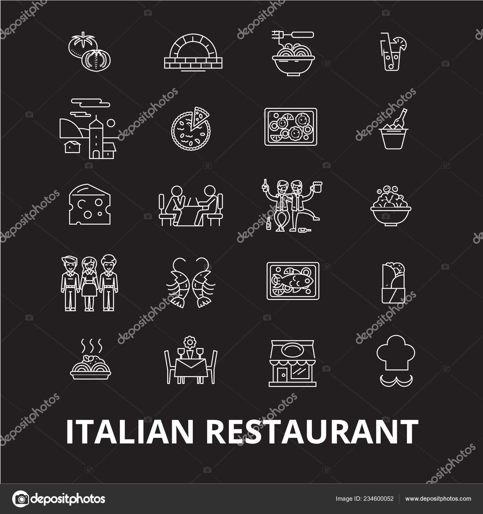 Italian restaurant editable line icons vector set on black background ...