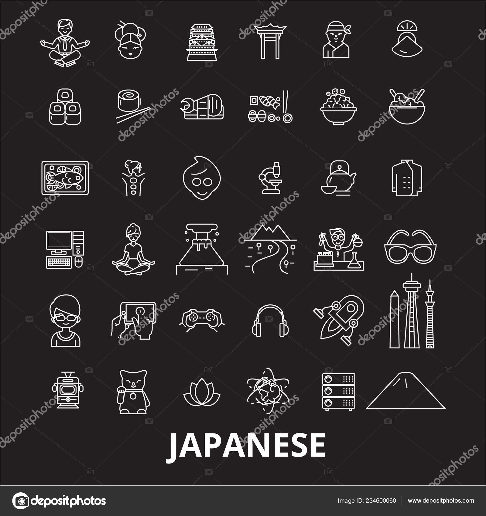 Japanese editable line icons vector set on black background. Japanese ...